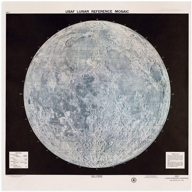 1966 Lunar Moon Map Poster - Lunar Map - Moon Poster Vintage Map With ...