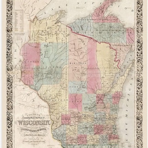 1851 Wisconsin Map Poster - Vintage Map of Wisconsin Wall Art - Old ...
