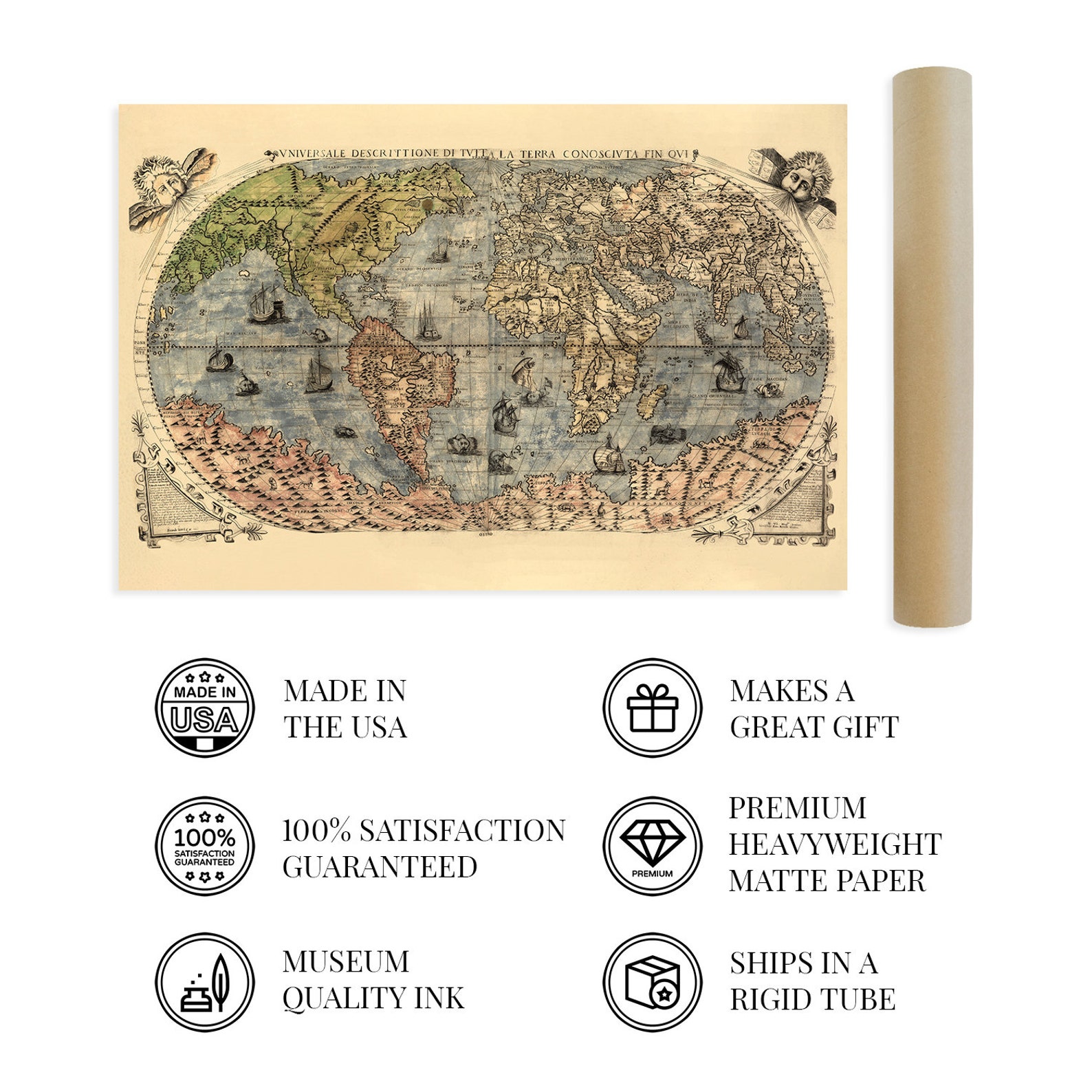 1565 World Map Poster Old Map of the World History Map of the Universal ...