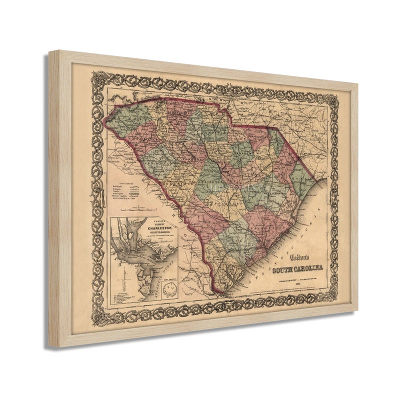 1865 South Carolina Map Framed Vintage South Carolina Map Restored Map ...