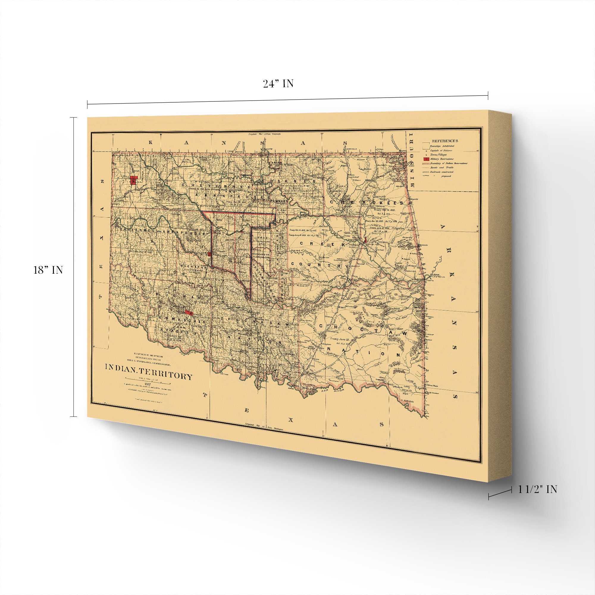 1887 Indian Territory Map - Canvas Wrap Vintage Oklahoma Map - Indian ...