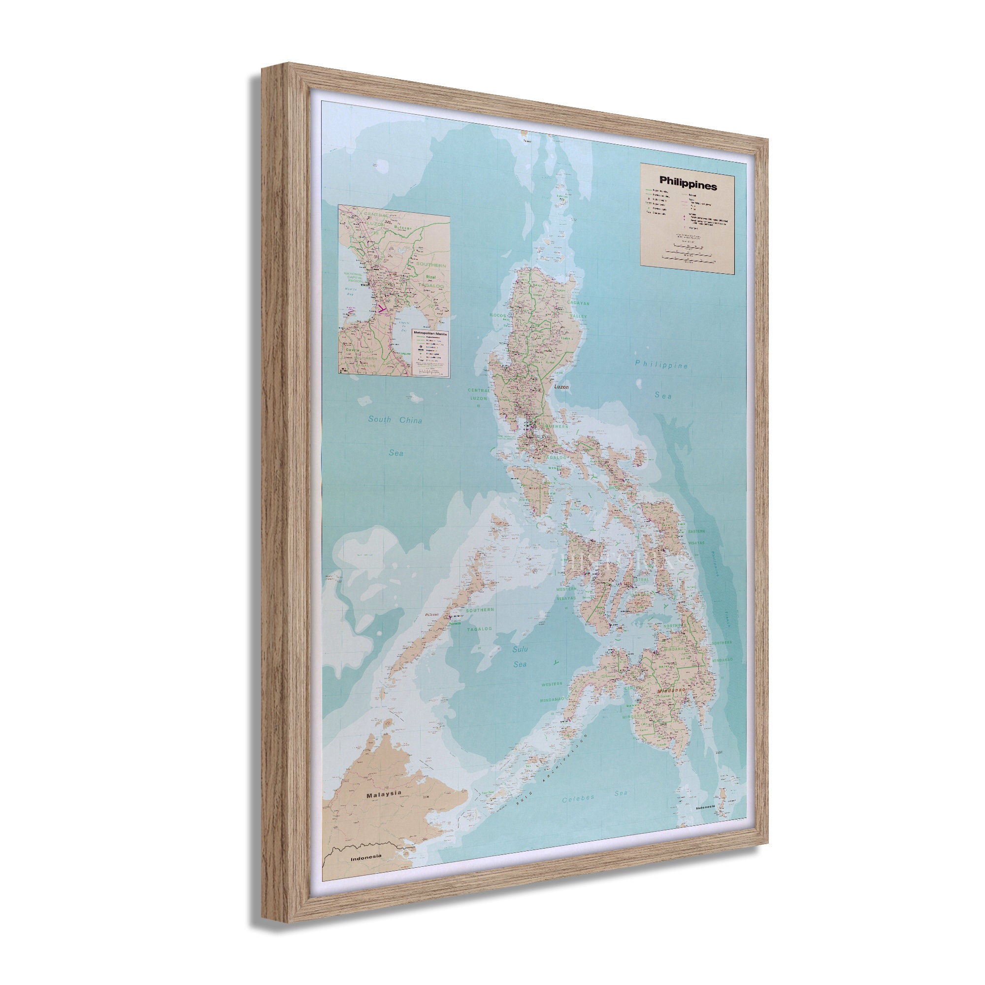 1990 Map of the Philippines - Framed Vintage Map of Philippines Wall ...