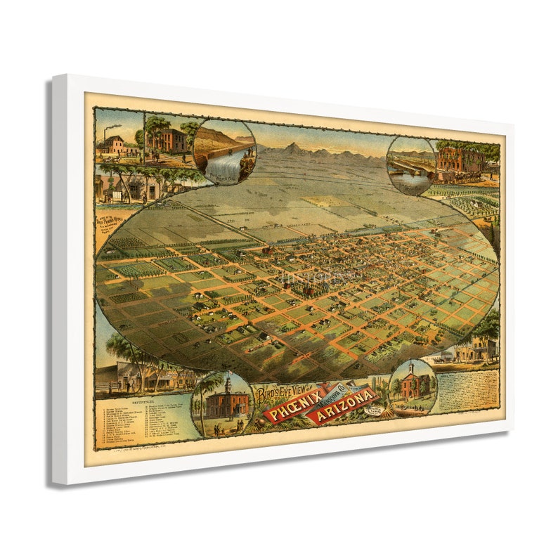 1885 Phoenix Arizona Map - Framed Vintage Phoenix AZ Map - History Map ...