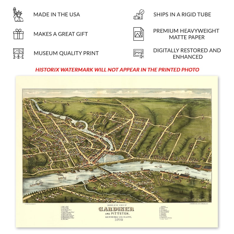 1878 Gardiner & Pittston Maine Map Poster - Vintage Map of Gardiner ...