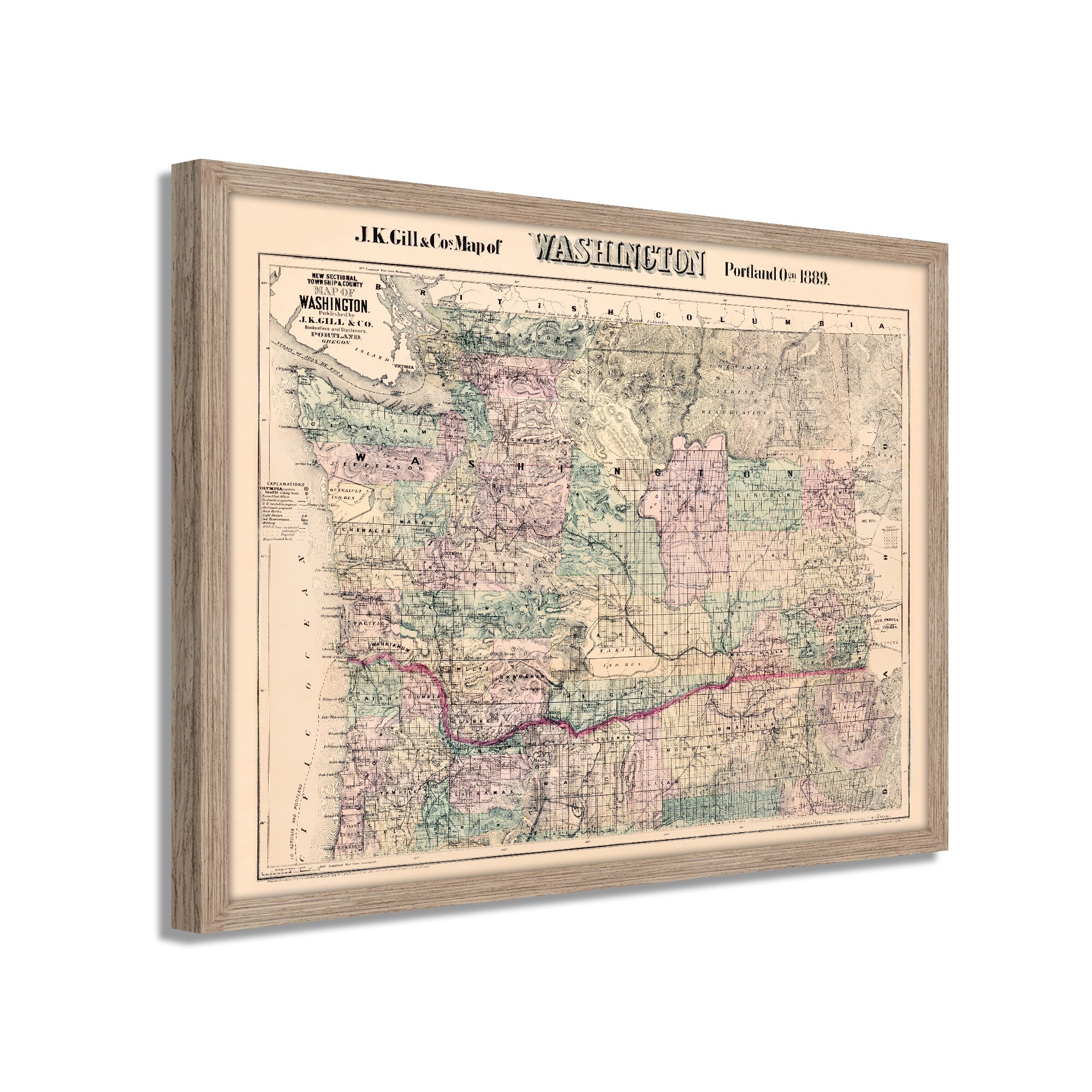 1889 Washington Map Framed Vintage Washington Restored - Etsy