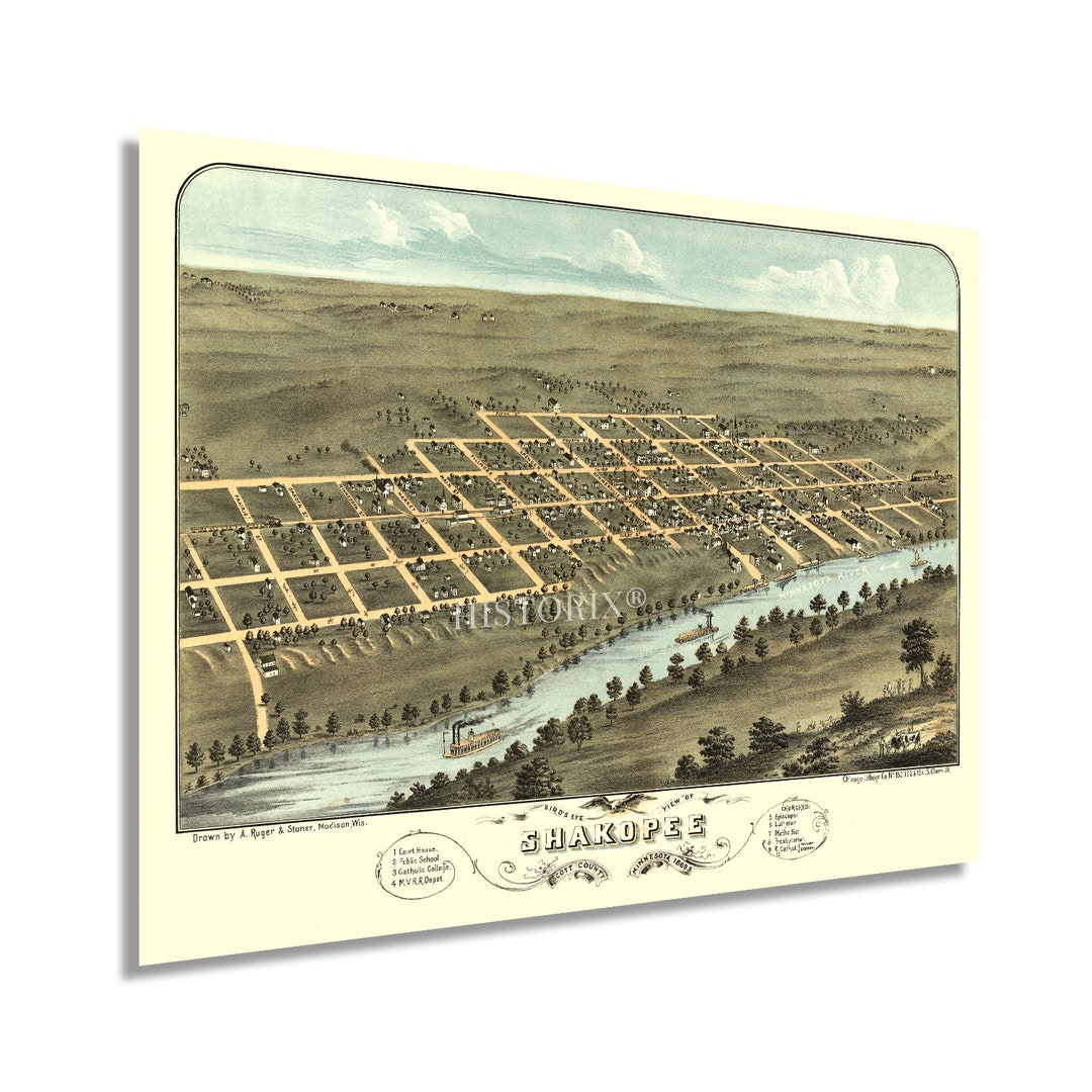 1869 Shakopee Minnesota Map Poster - Vintage Shakopee City Map of Scott ...