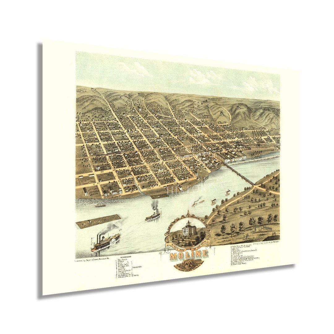 1869 Moline Illinois Map Poster - Moline Rock Island County Illinois ...
