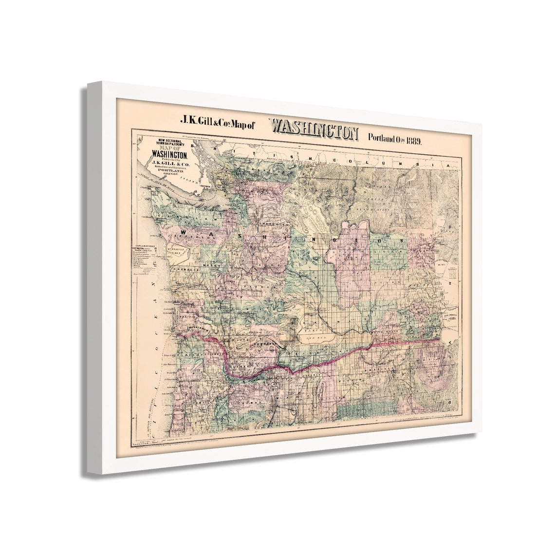 1889 Washington Map Framed Vintage Washington Restored - Etsy