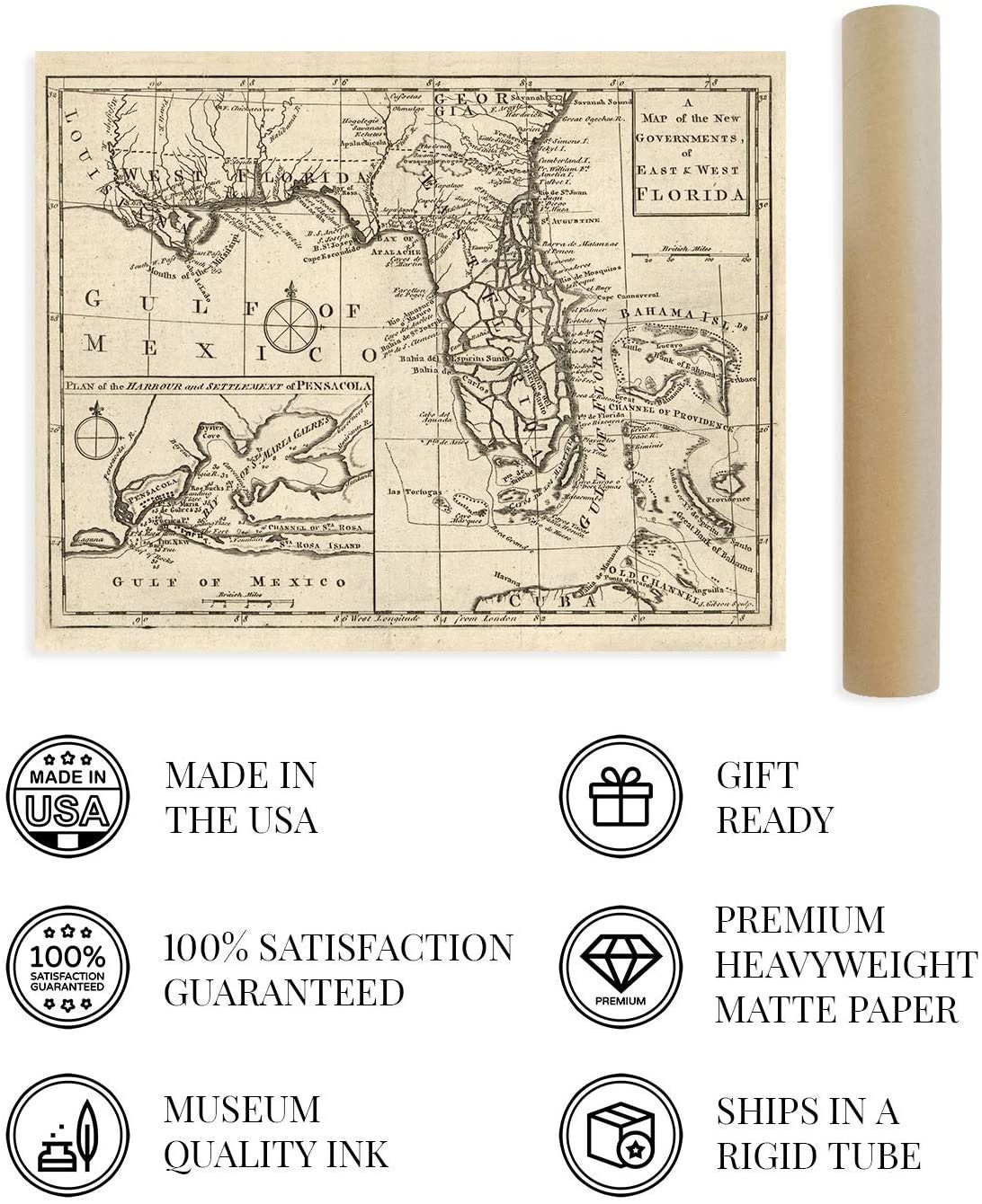 1763 East & West Florida Map Vintage Map Wall Art A Map of the New ...