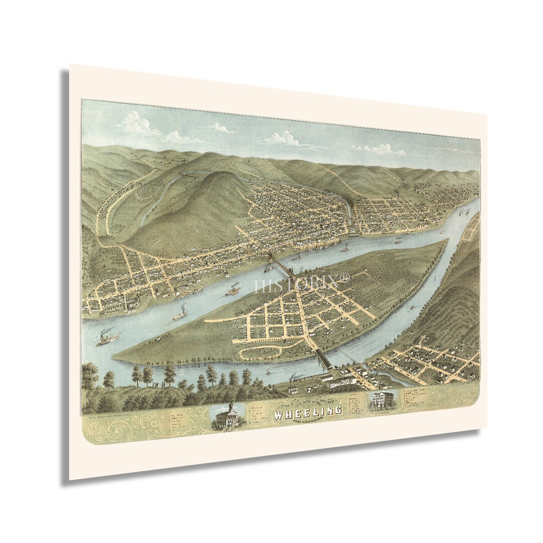 1870 Wheeling West Virginia Map - Map of Wheeling Wall Art - Old City ...