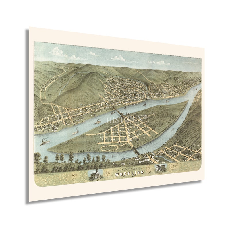 1870 Wheeling West Virginia Map Map of Wheeling Wall Art Old City of ...