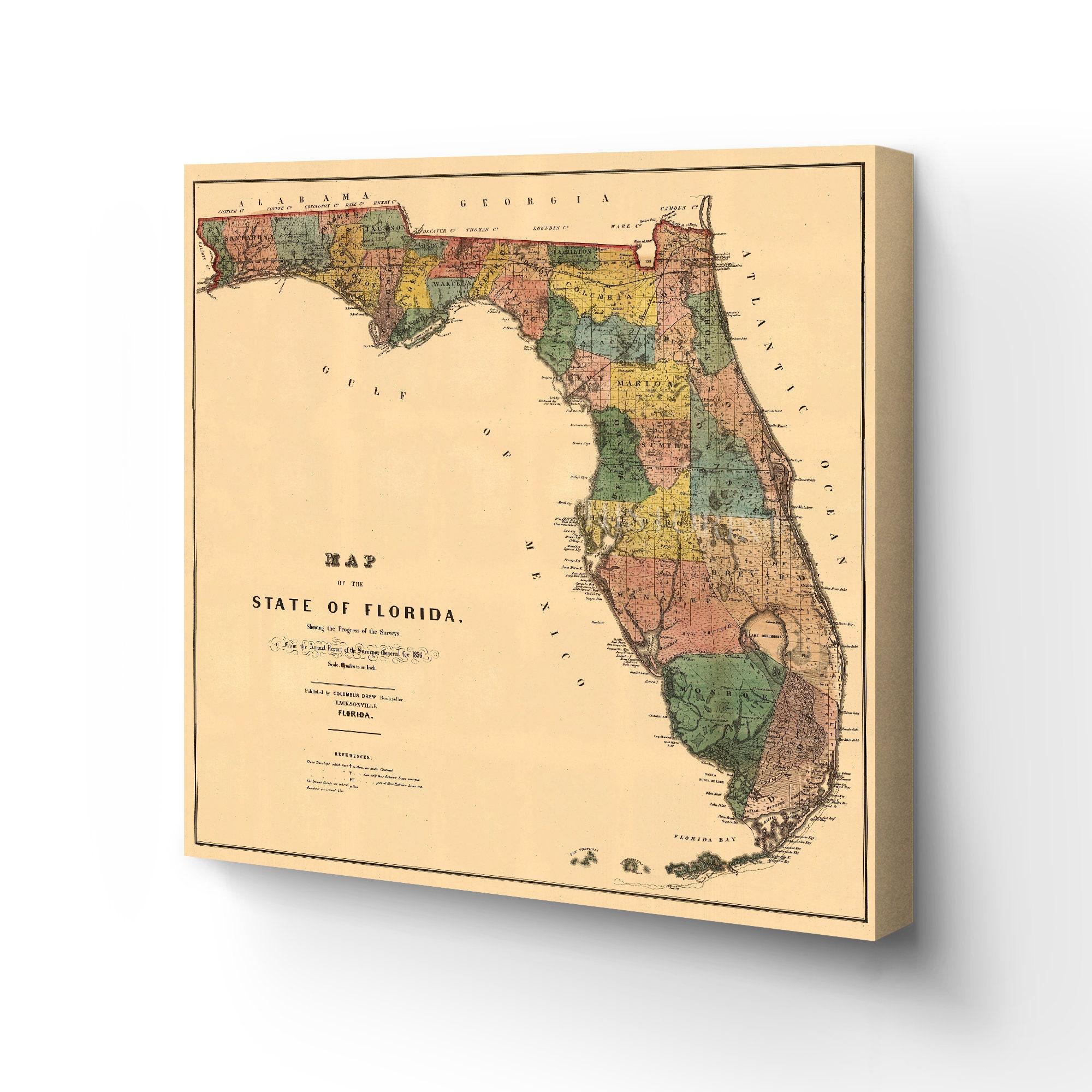 1856 Florida Map Canvas - Canvas Wrap Vintage Florida Map - Old Florida ...