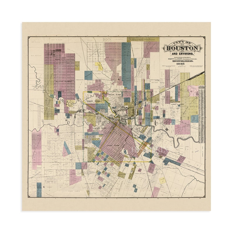 1895 Houston City Map - Old Houston Texas Map - History Map of Houston ...