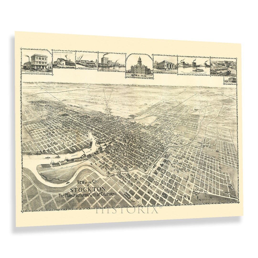 1895 Stockton California Map Poster - Old View of Stockton City ...
