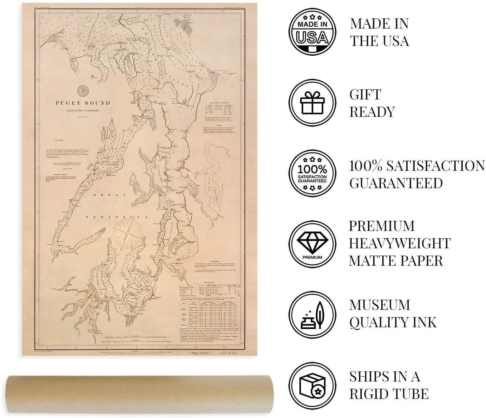 1889 Puget Sound Map - Vintage Map of Puget Sound Washington Wall Art ...