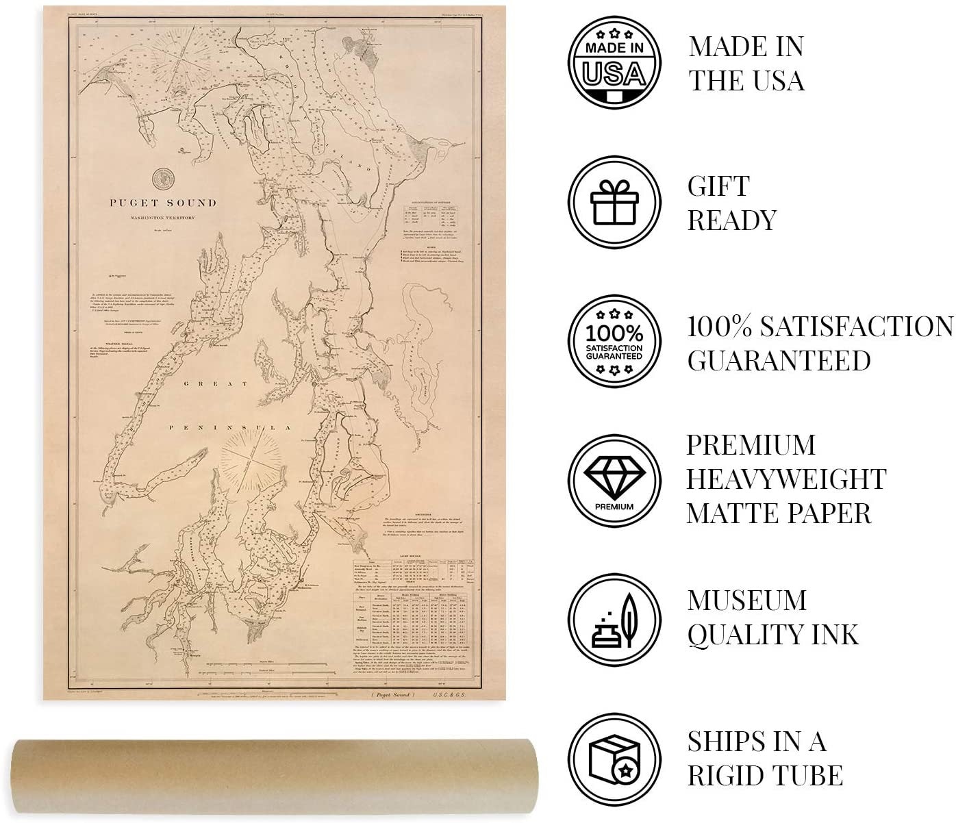 1889 Puget Sound Map - Vintage Map of Puget Sound Washington Wall Art ...