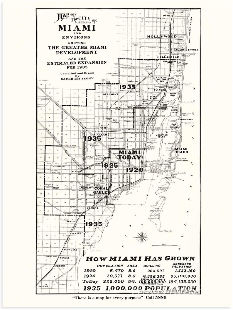 1925 Miami Map Poster - Vintage Map of Miami Florida - Map of the City ...