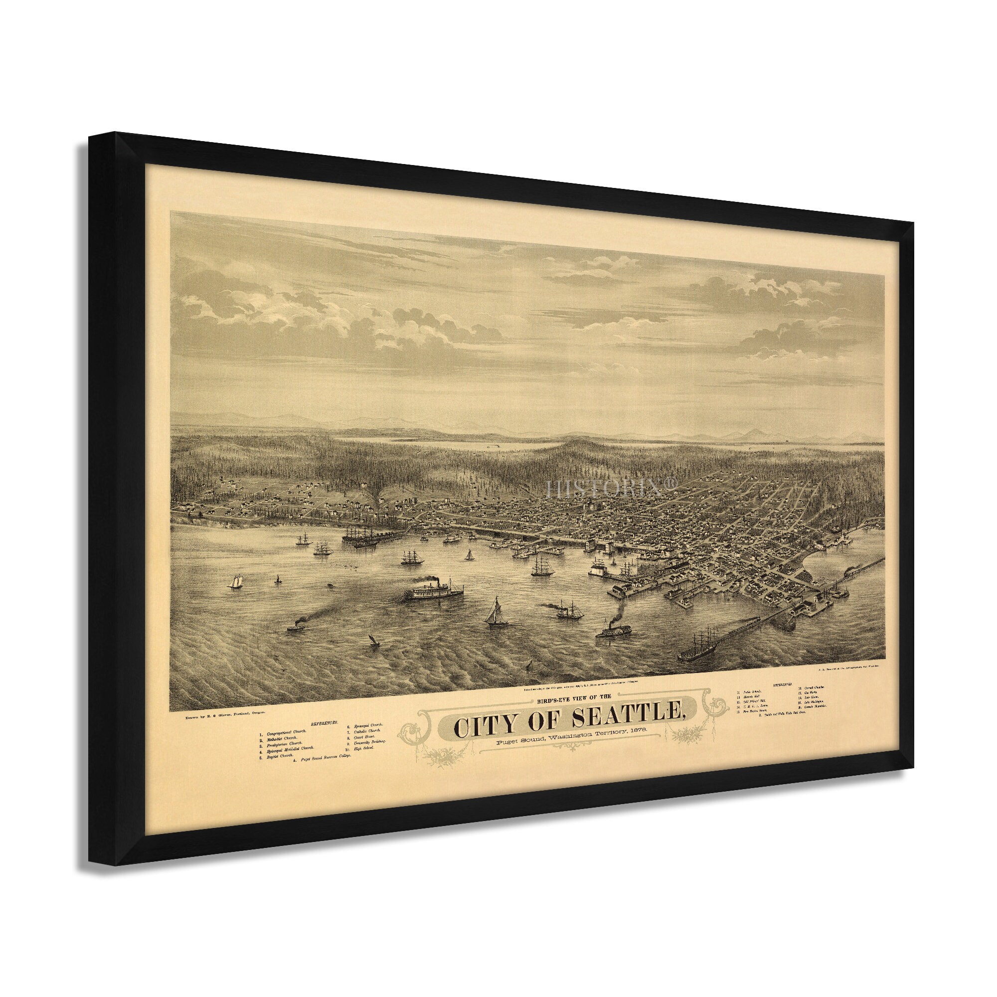 1878 Seattle Map - Framed Vintage Map of Seattle - Bird's Eye View of ...