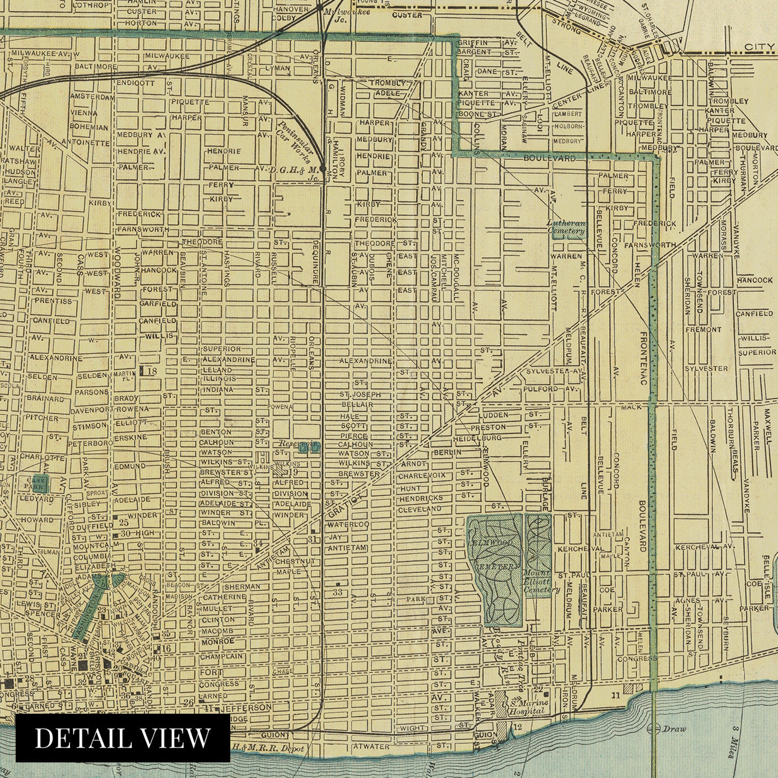 1895 Map of Detroit Michigan - Vintage Detroit Map - Old Detroit City ...