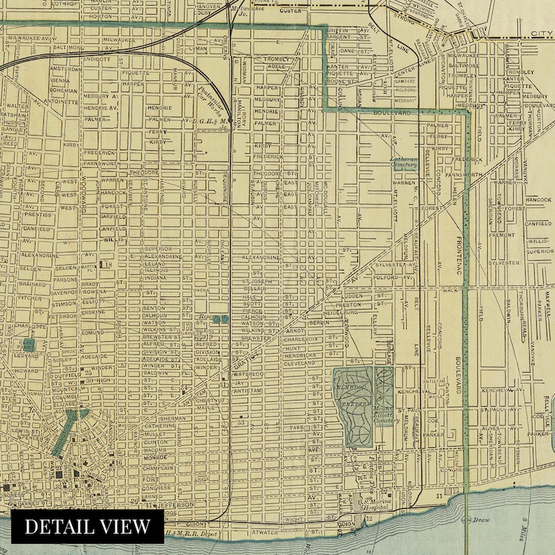 1895 Map of Detroit Michigan - Vintage Detroit Map - Old Detroit City ...