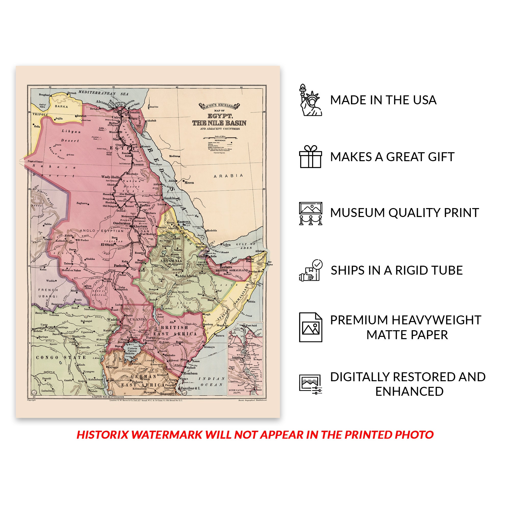 HISTORIX Vintage 1916 Egypt Map Poster Print Vintage Excelsior Map of ...