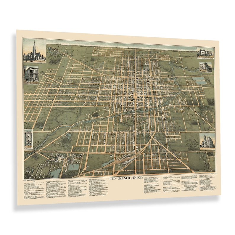 1892 Lima Ohio Map Poster - Vintage Bird's Eye View of Lima Ohio Wall ...