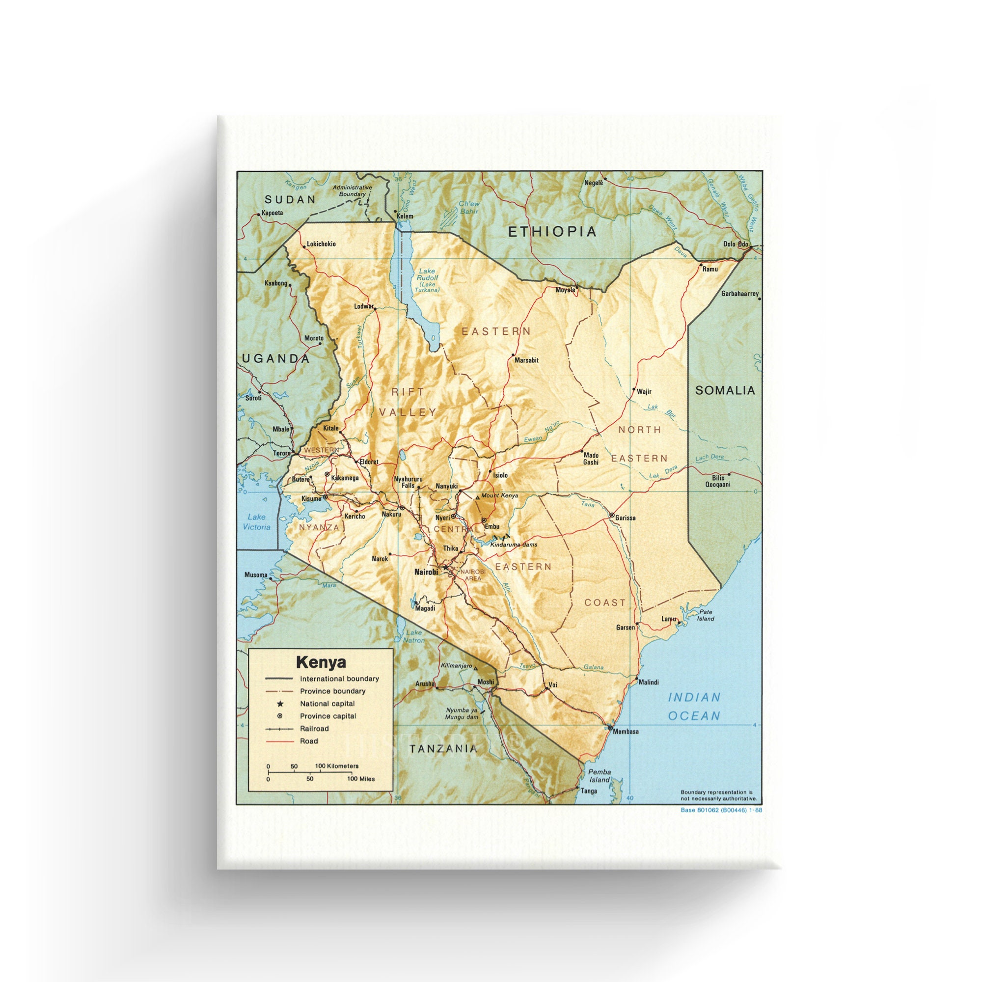 1988 Kenya Map Art Canvas Wrap Vintage Map of Kenya Historic Kenya Map ...