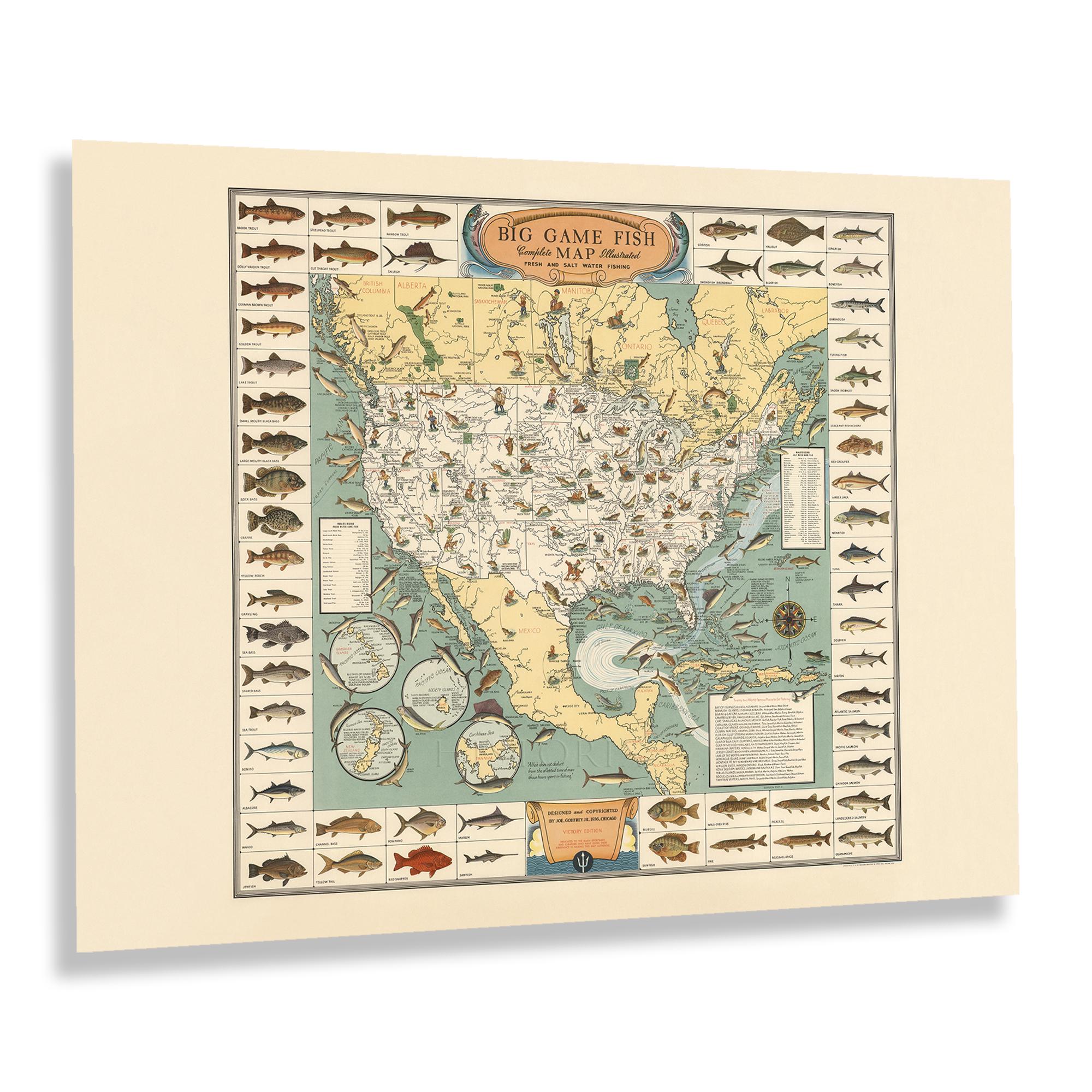 1936 Big Game Fish Map Poster - Vintage Map of Big Game Fish Fresh and ...