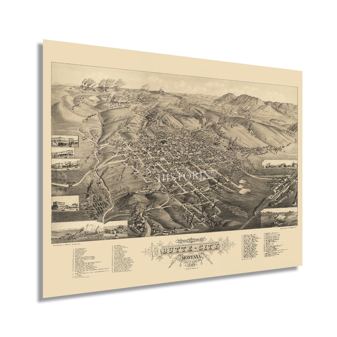 1884 Butte Montana Map Poster - Wall Map of Montana - Old Butte Montana ...