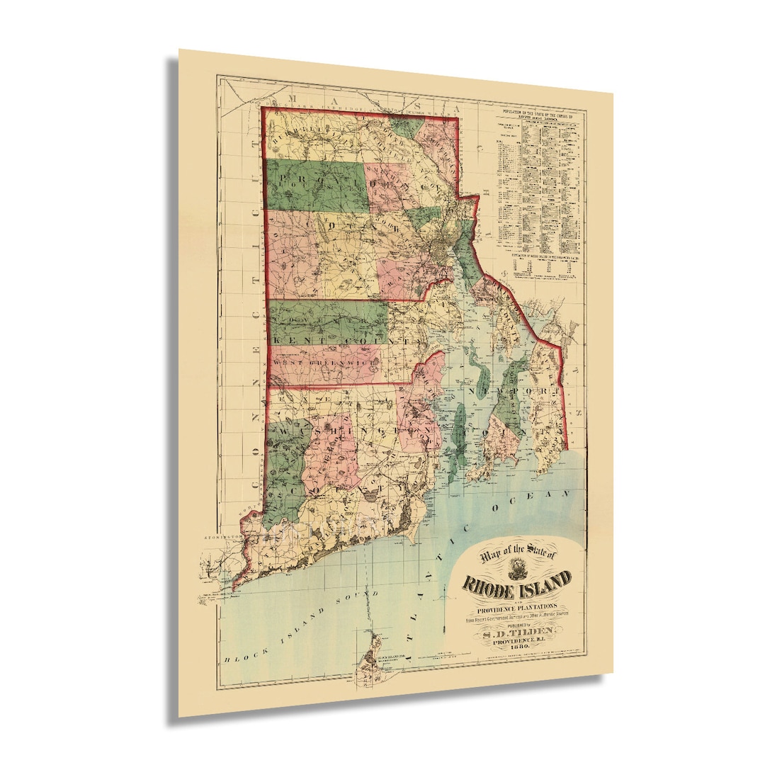 1880 Rhode Island State Map - Vintage Map of Rhode Island Wall Art ...