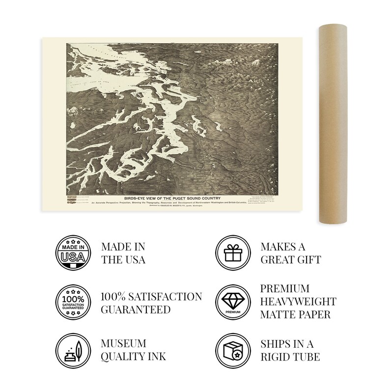 1891 Puget Sound Map Old Puget Sound Wall Map Bird's - Etsy