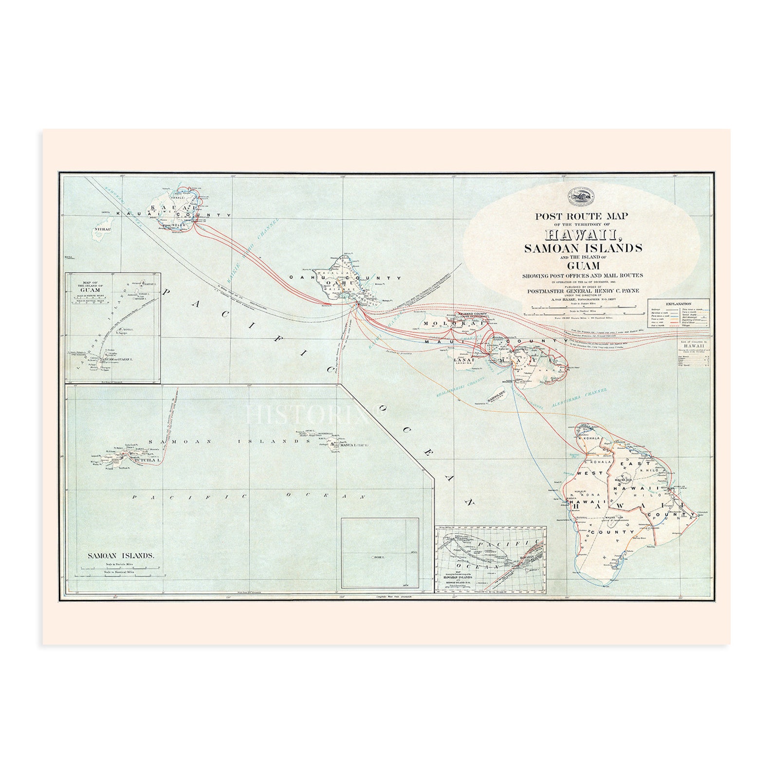 1903 Hawaii Samoan Islands & Guam Map Post Route Map of the - Etsy