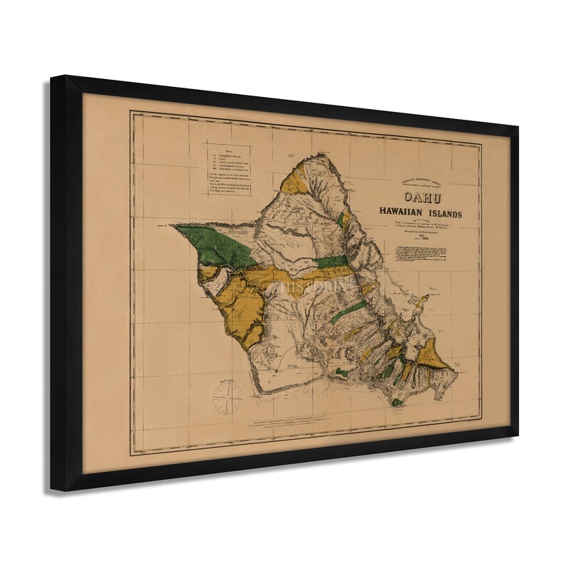 1881 Oahu Hawaiian Islands Map - Framed Vintage Oahu Map - Restored Map ...