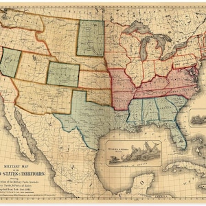 1861 American Civil War Map Vintage Map of the United States Showing ...