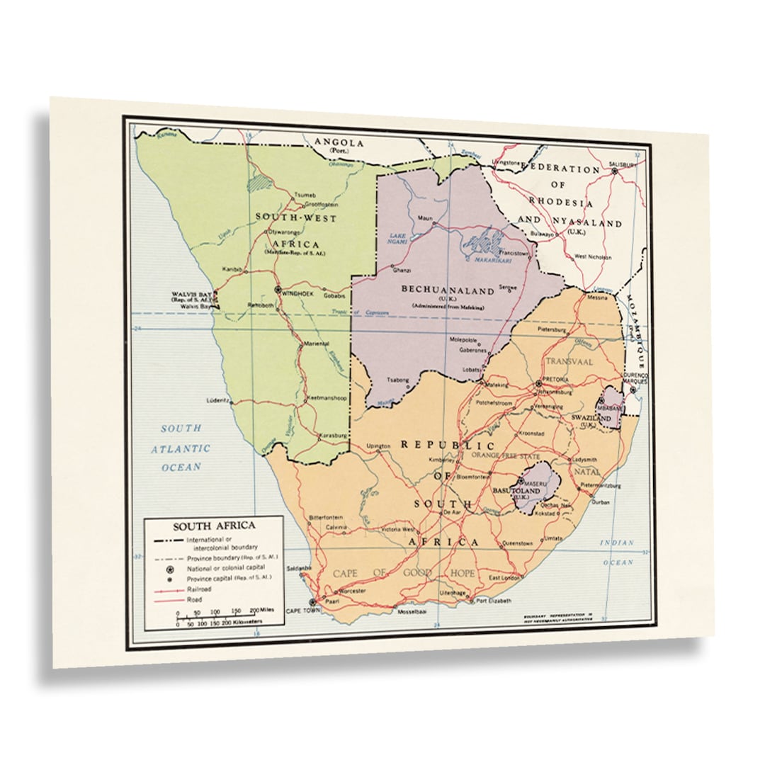 1963 South Africa Map Print - Vintage Map of South Africa Wall Art ...