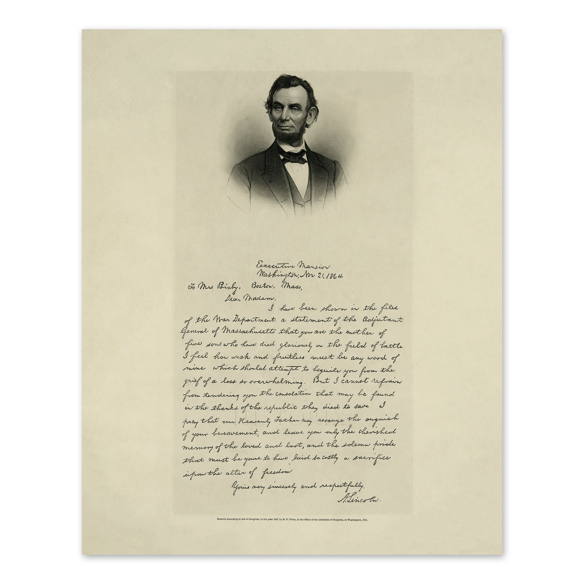1892 Abraham Lincoln Photo Print - Vintage Letter From President ...