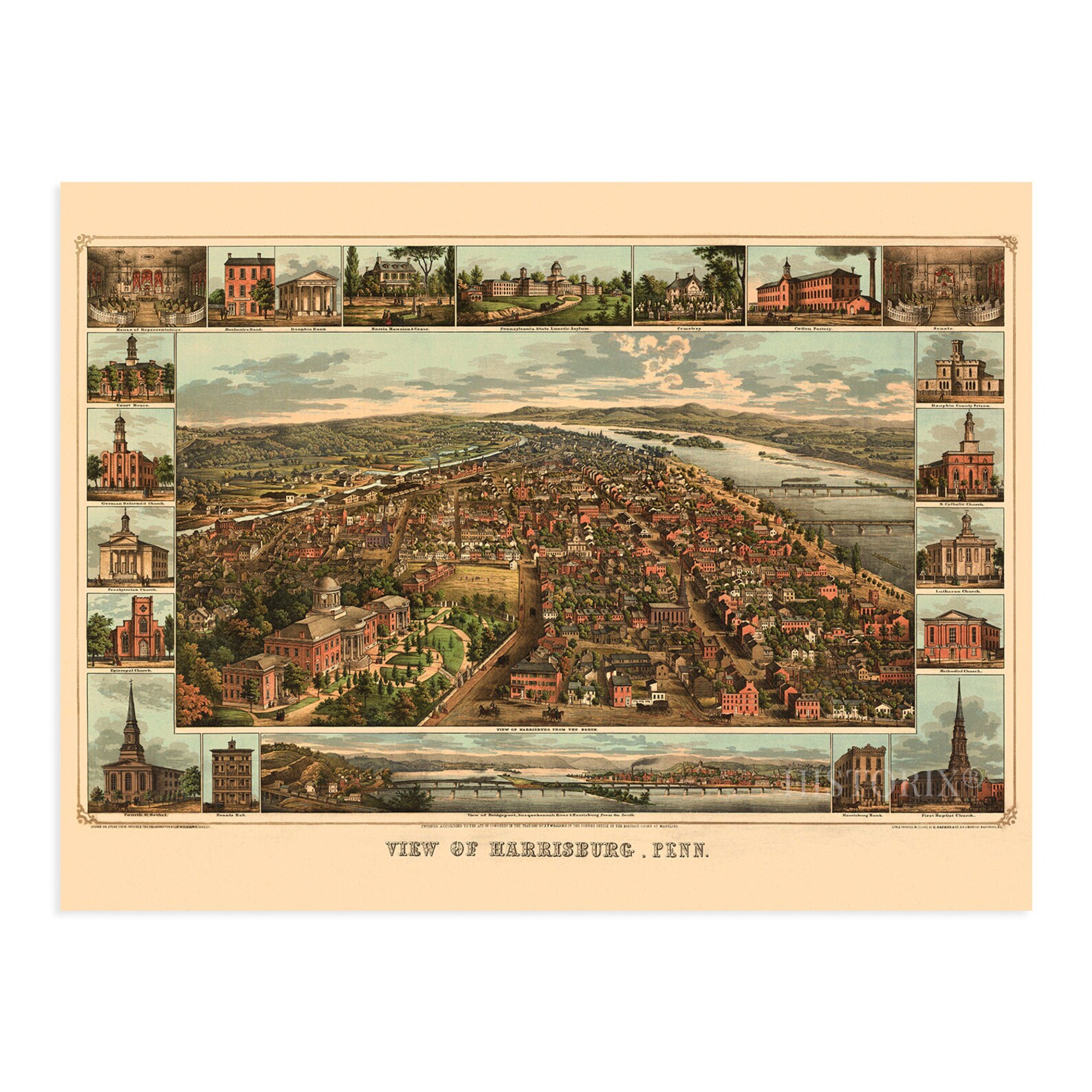 1855 Harrisburg Pennsylvania Map Poster - Vintage Harrisburg PA Map ...