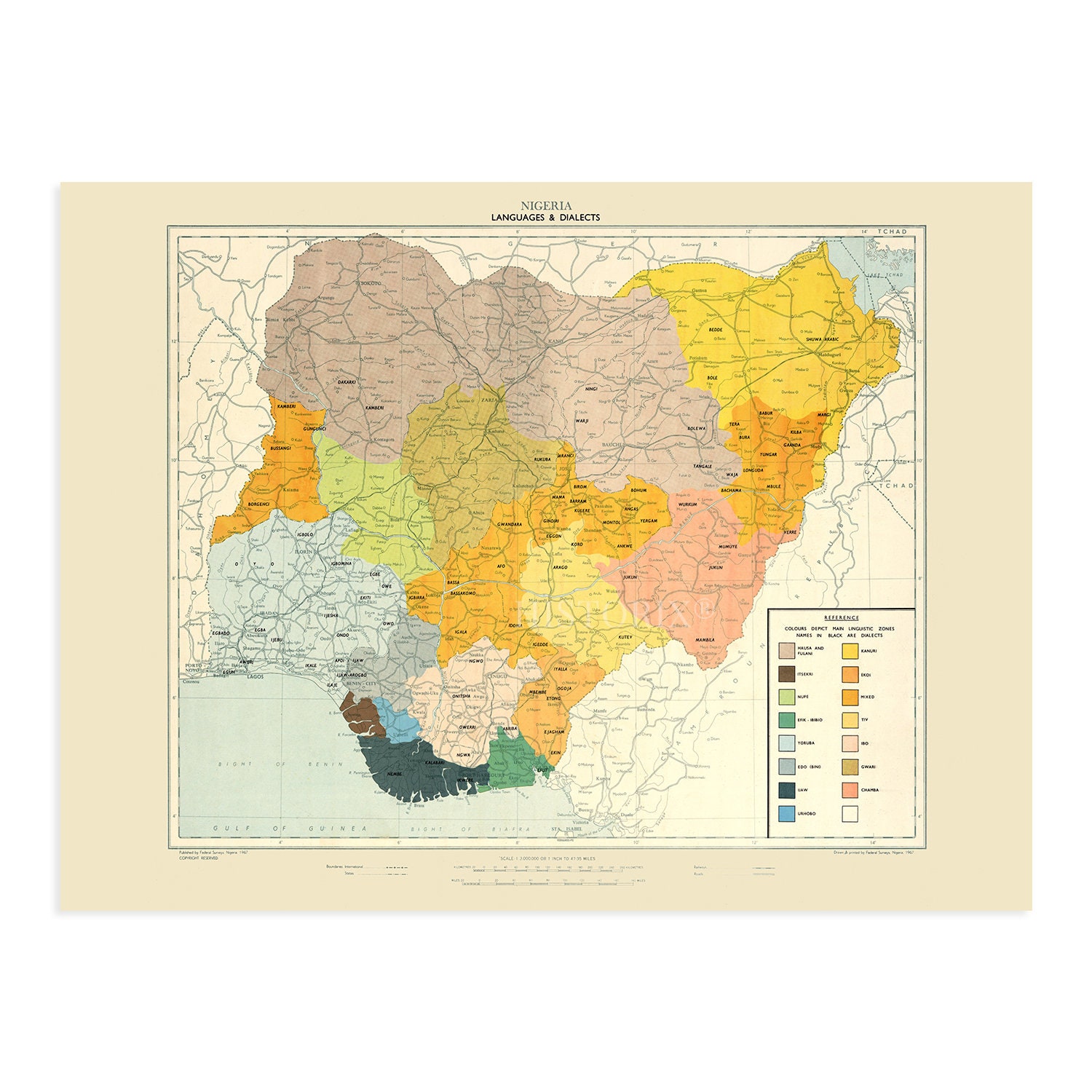1967 Nigeria Map - Map of Nigeria Languages & Dialects - Old Republic ...