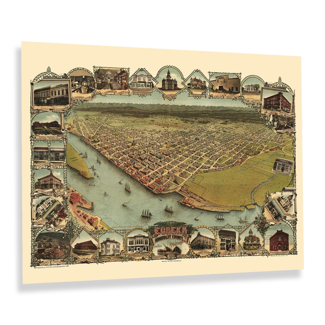 1902 Eureka California Map Poster - Old Bird's Eye View of Eureka ...