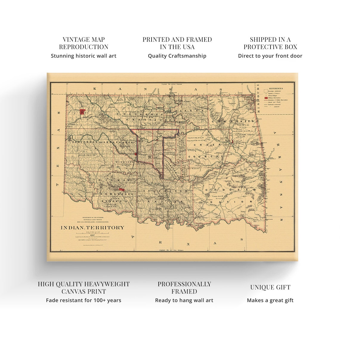 1887 Indian Territory Map - Canvas Wrap Vintage Oklahoma Map - Indian ...