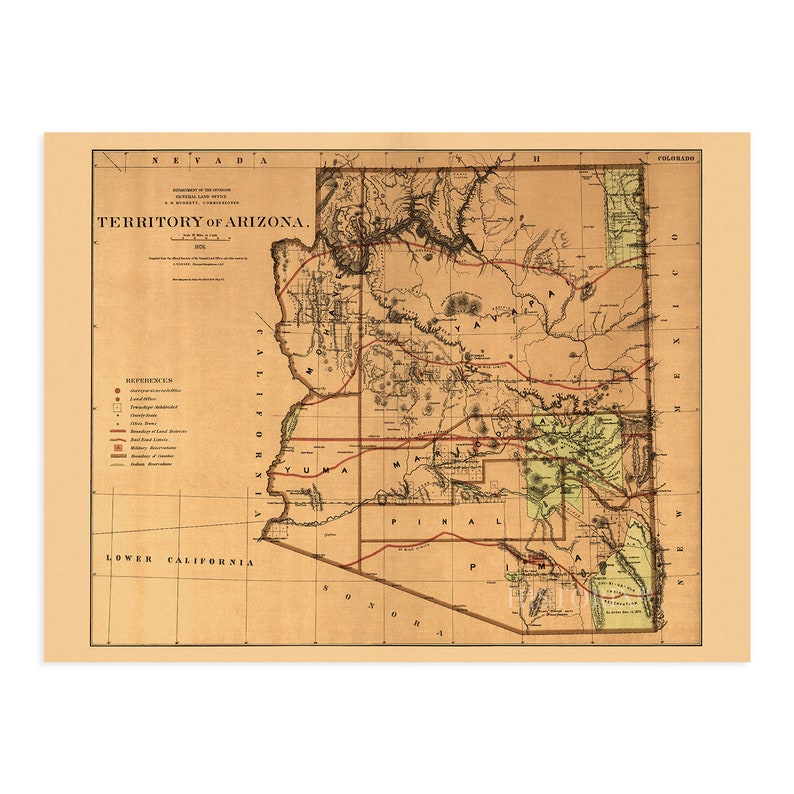 1876 Arizona Territory Map Vintage Arizona Map Old Arizona - Etsy