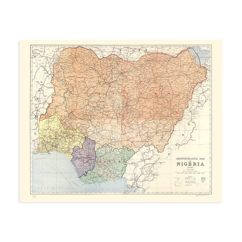 1965 Nigeria Map Vintage Administrative Map of Nigeria Wall Art Old ...