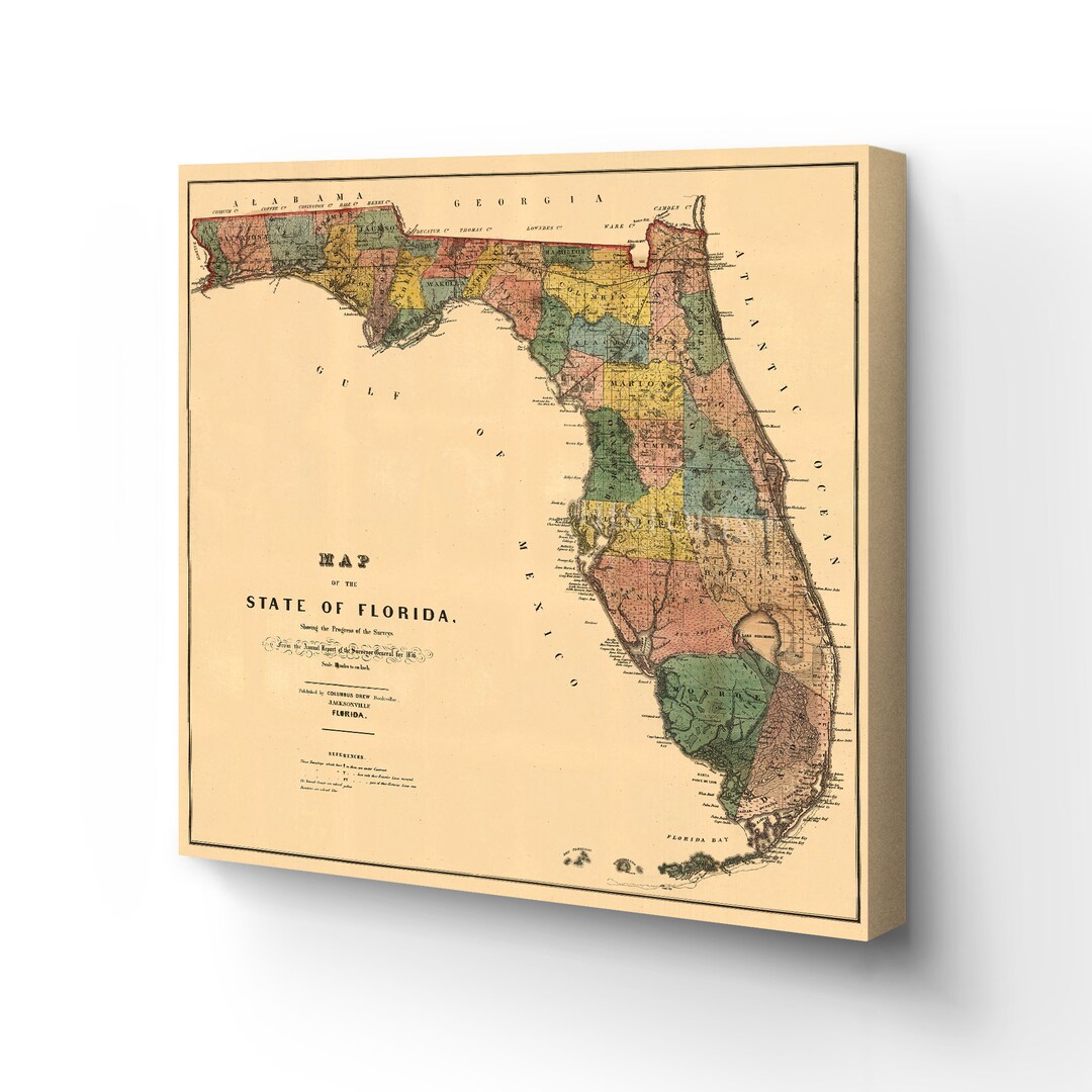 1856 Florida Map Canvas - Canvas Wrap Vintage Florida Map - Old Florida ...