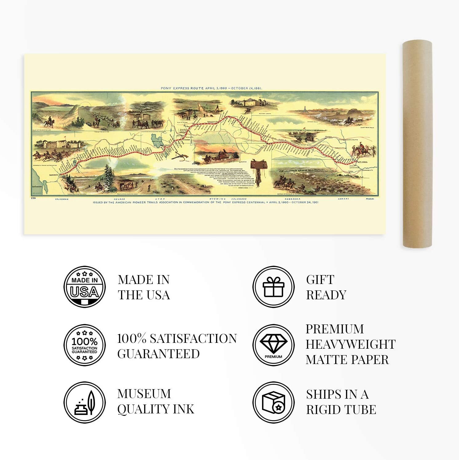 1960 Pony Express Map - Vintage Pony Express Poster - Old Pony Express ...