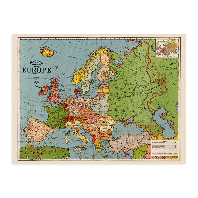 1925 Map of Europe Vintage Map Europe Wall Art Bacon's - Etsy
