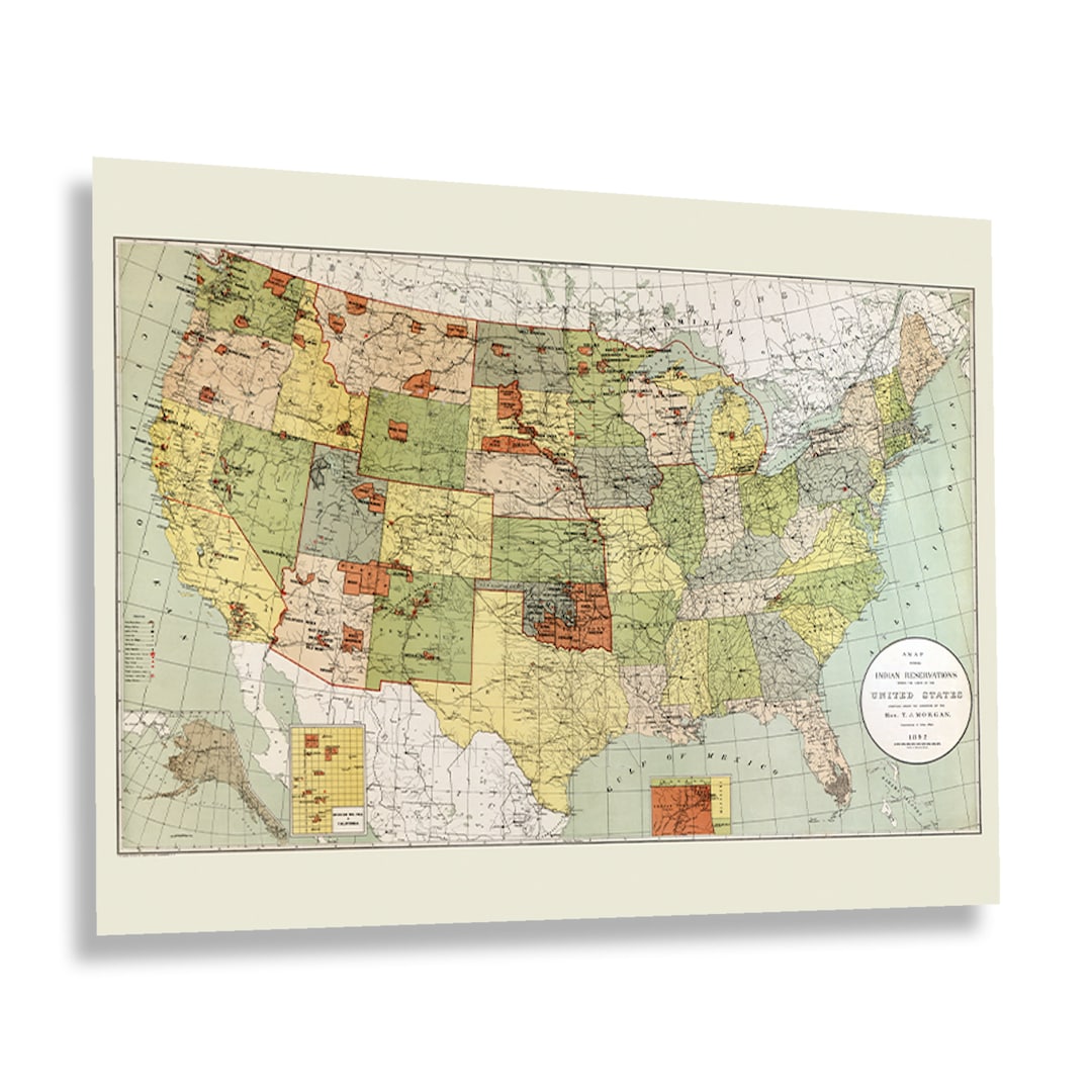 1892 Indian Reservations Map Poster - Old Map of Indian Reservations ...