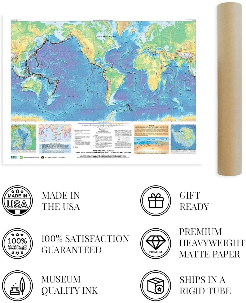 2006 World Map of Volcanoes Earthquakes Impact Craters & Plate ...