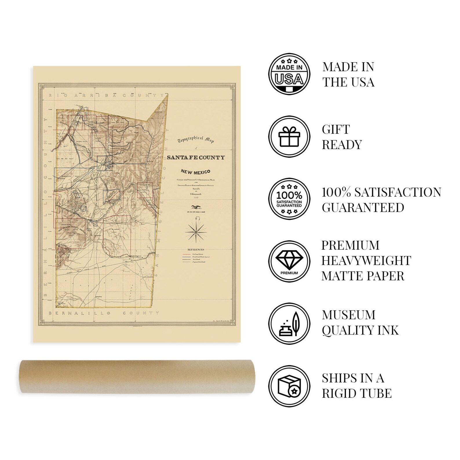 1883 Santa Fe County New Mexico Map - Vintage Santa Fe Wall Art - Old ...