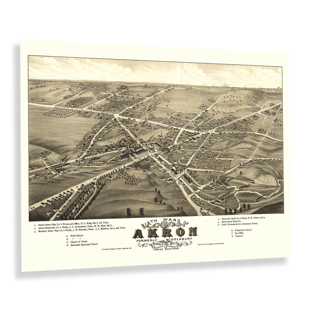 1882 Sixth Ward of Akron Ohio Map Poster - Vintage Bird's Eye View of ...