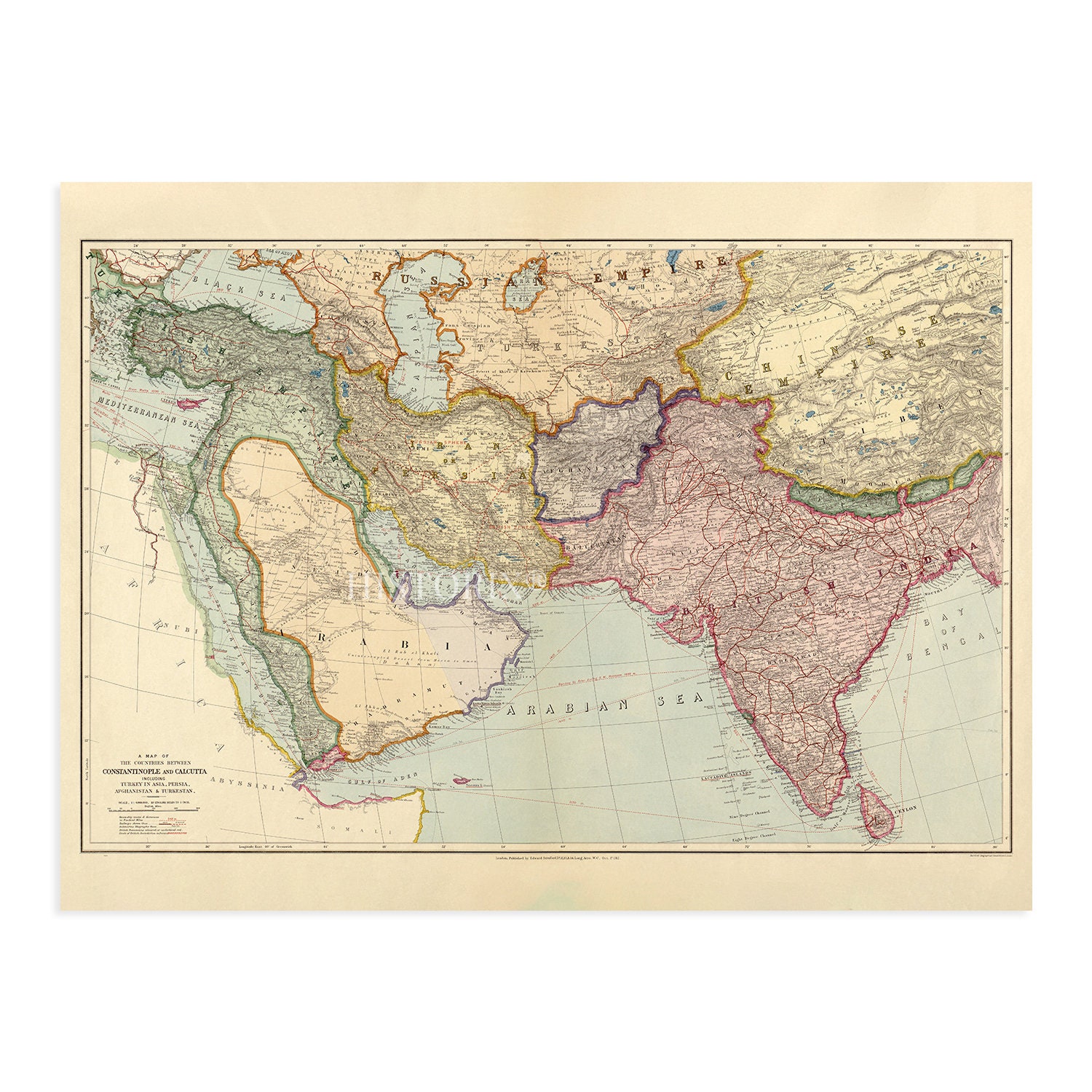 1912 Middle East Map Old Map of Countries Between Constantinople ...